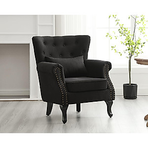 KCC Living Room Accent Chair Mid Century Modern Reading Arm Chair for Bedroom, Upholstered Club Chair Single Sofa Chair with Tufted Back, Rubber Wood Legs and Lumbar Pillow, Black