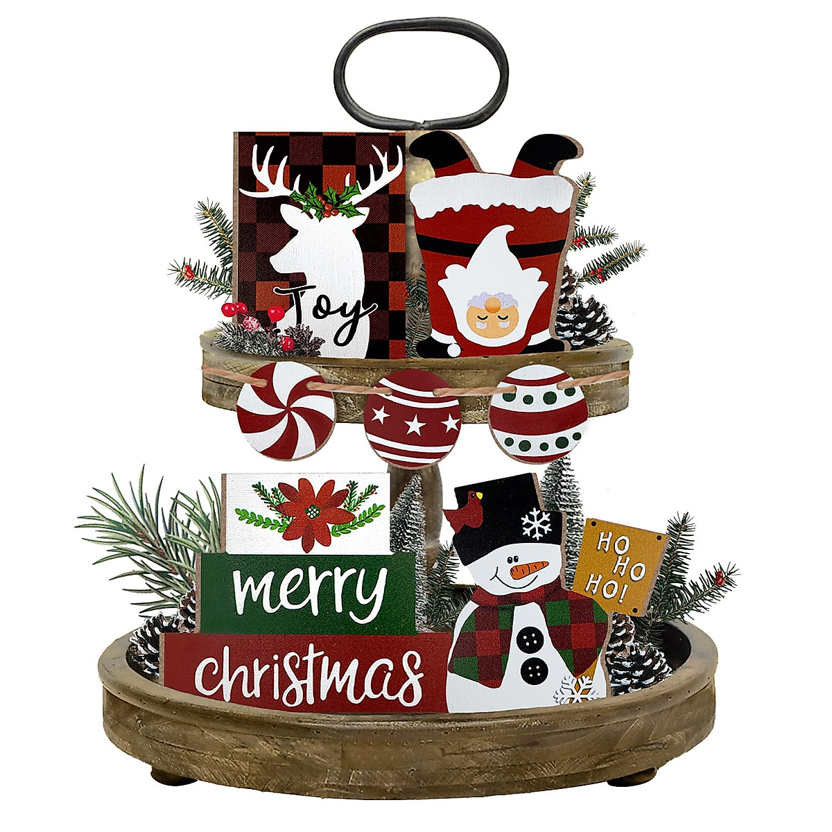 Guoofu Christmas Tiered Tray Decor, Farmhouse Xmas Santa Claus Snowman Tray Decorations Set, Red Buffalo Plaid Elk Candy Wooden Signs, Winter Holiday Home Decor for Tabletop Shelf Mantel