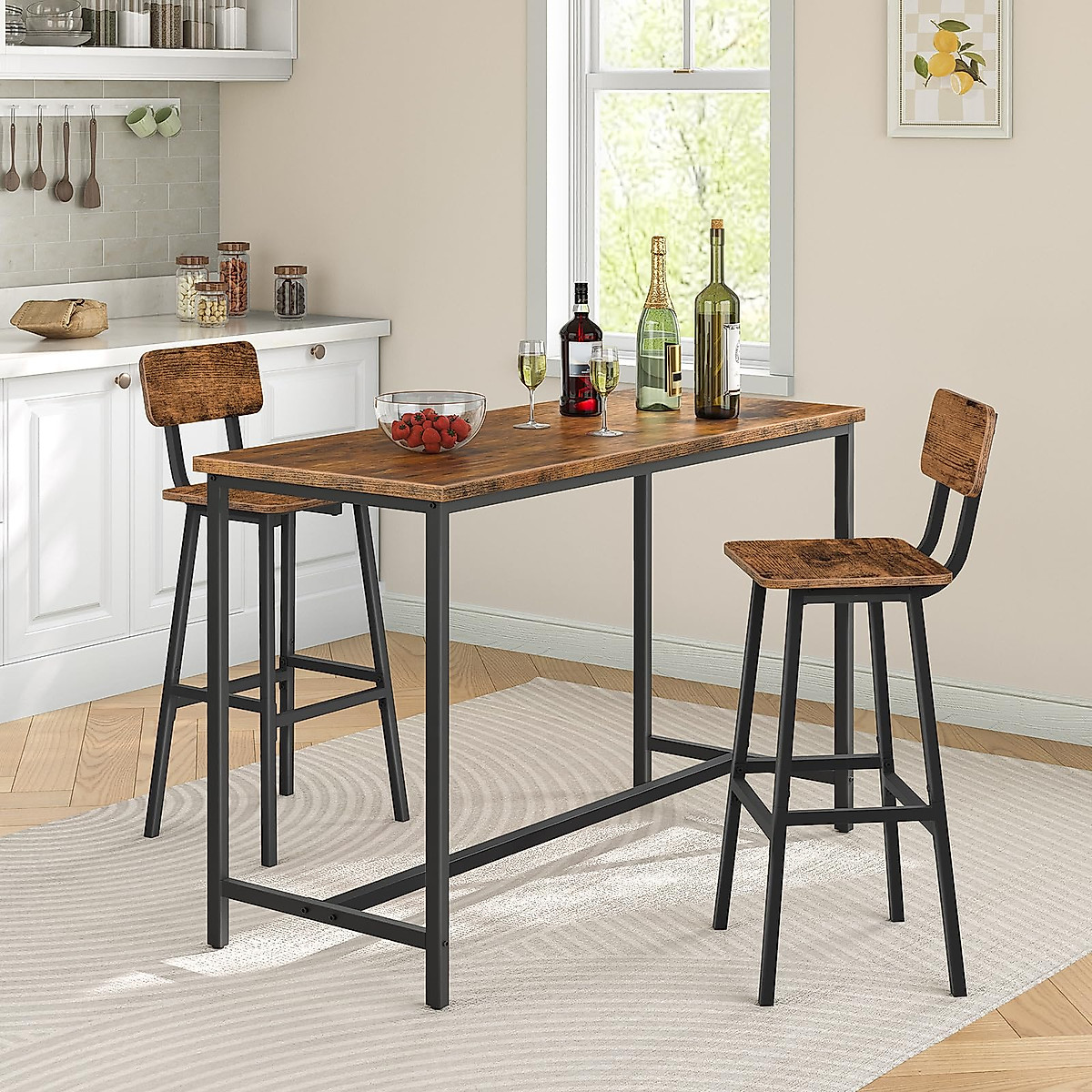 HOOBRO Bar Stools, Barstools Set of 2, Bar Chair with Backrest and Footrests, 27.8" Tall Counter Bar Stools with Industrial Style, for Kitchen, Dining Room, Bar, Cafe, Rustic Brown and Black BF83BY01