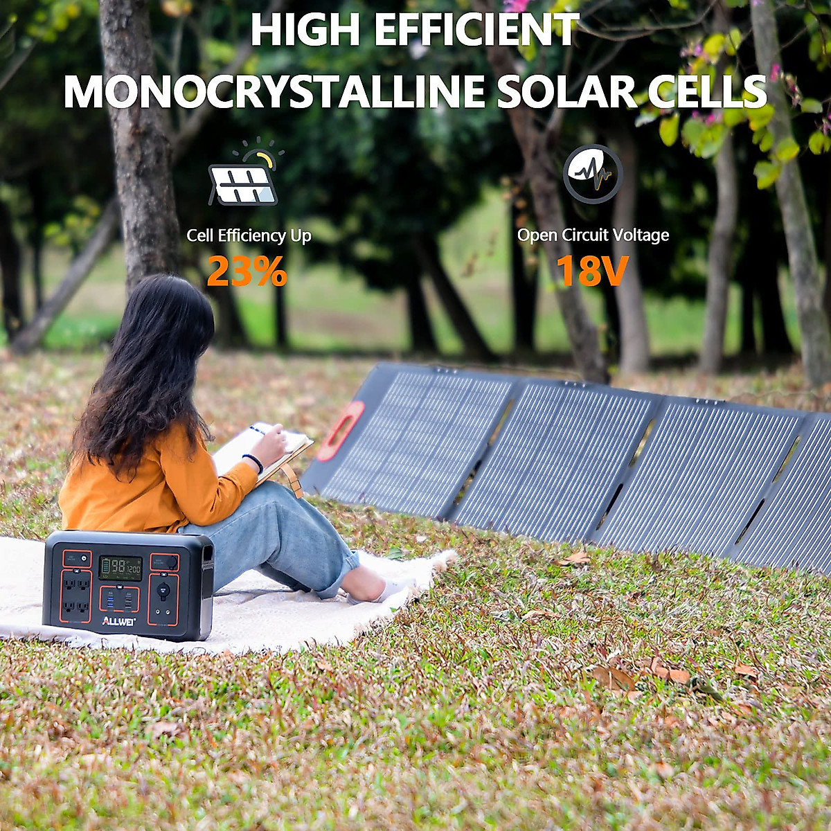 ALLWEI Solar Generator 1200W(Peak 2400W) with 1 * 200W Solar Panel, 1132Wh Portable Power Station, 4* AC Outlet, 6* PD60W USB Outlet, Solar Power Generator for RV/Van Camping Trip Emergency Home Use