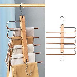 IULJH 5 Layers Clothes Wood Hangers Multifunctional Pants Rack Bedroom Closet Shelves Jeans Non Slip Wardrobe Organizer Space Saving