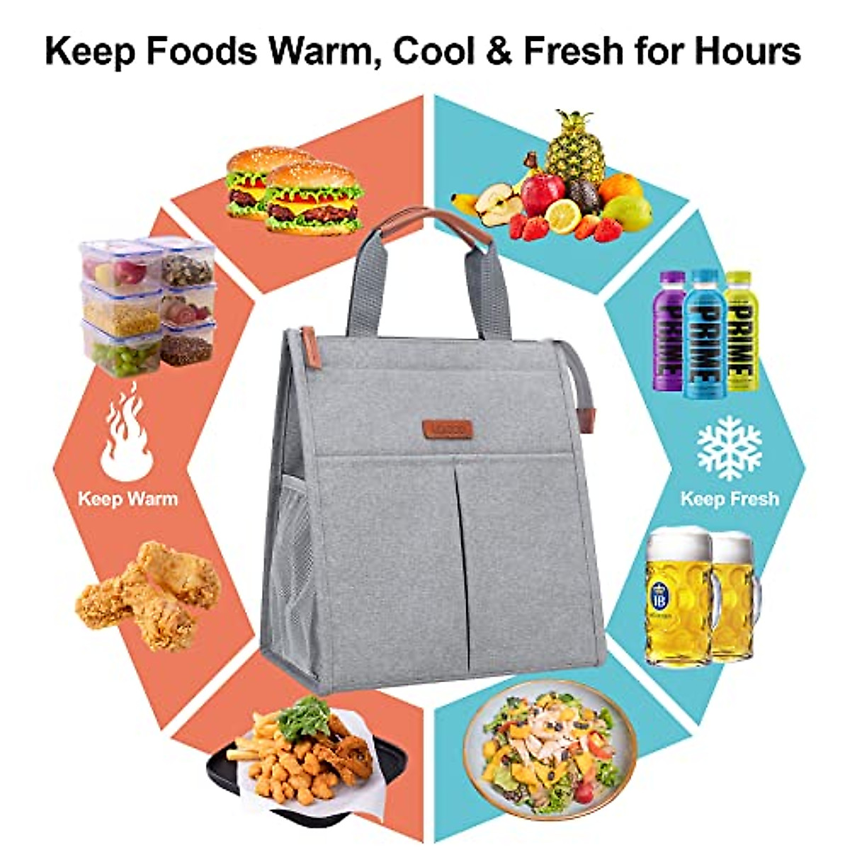 Lacdo Lunch Bag for Women Men Insulated Lunch Tote Bags Waterproof Reusable Lunch Box Soft Cooler with Pockets for Work Travel Picnic, Gray