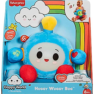 Fisher-Price Happy World Huggy Wuggy Bug, take-Along Soft Plush Toy with Lights, Music and Sounds for Infants and Toddlers Ages 6 Months and up