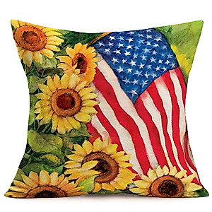 YANGYULU Pillow Covers Garden Sunflowers Blooming Flowers Decorative Cotton Linen Patriotic American Flag Cotton Linen Pillow Case Decor Independence Day Gift for Home 18"x18"4PCS(Sunflower Blooming)