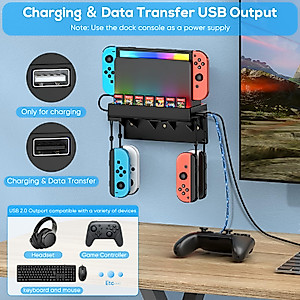 RGB Switch Wall Mount Kit for Nintendo Switch and OLED, Switch Dock Console Holder Stand, Switch Accessories with 7 Light Modes, 7 Card Slots, 4 Joy Con Hangers, 2 USB Ports, Behind TV, Graphite Black