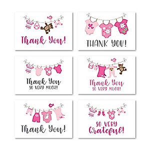 24 Pink Clothesline Baby Shower Thank You Cards With Envelopes, Girl Sprinkle Thank-You Note, 4x6 Gratitude Card Gift For Guest Pack, Gender Reveal DIY So Grateful Varied Onesie Event Stationery