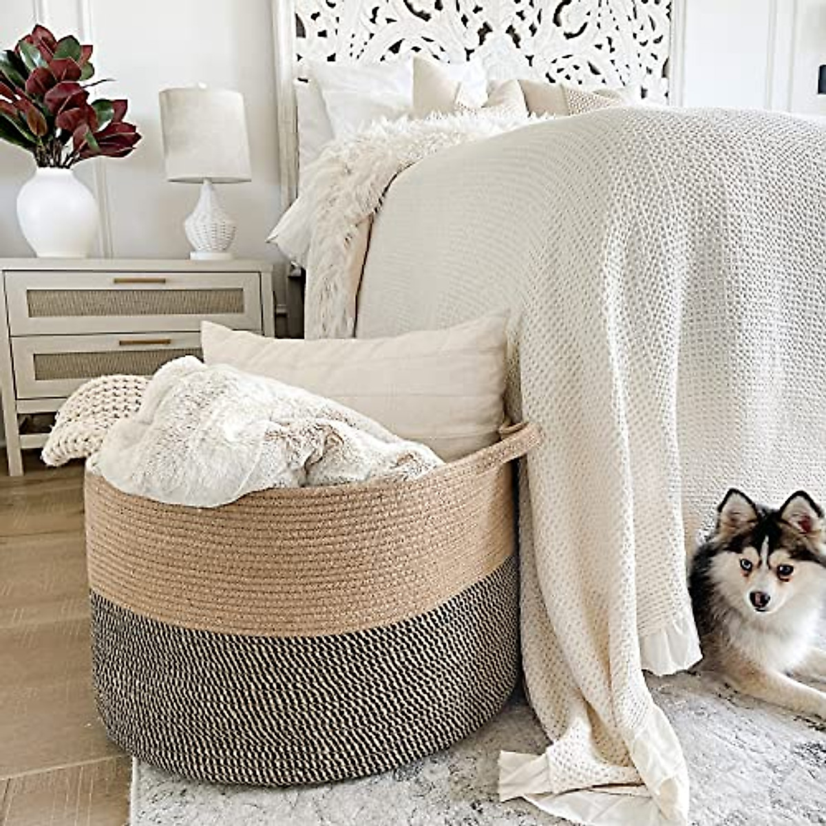 INDRESSME Extra Large Woven Baskets for Storage, 21.7 x 13.8 Blanket Basket Wicker Laundry Basket for Organizing Toy Pillow Shoe for Entryway &Living Room , Black Jute