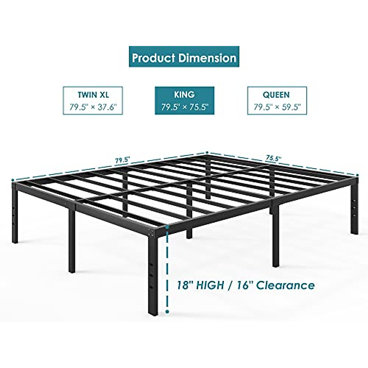 FSCHOS King-Size Bed-Frame / 18 Inch Metal Platform Bed Frame King/Reinforced Steel Slats Support/Heavy Duty Mattress Foundation/No Box Spring Needed/Easy Assembly/Noise Free/Black