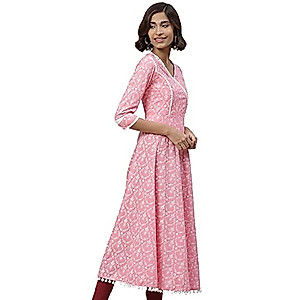 Yash Gallery Women's Cotton Floral Print Anarkali Kurtis (Light Pink)