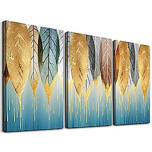 Fashion Wall Art for Living Room Family Wall Decor for Bedroom Modern Wall Decorations for Kitchen Canvas Art Golden Leaves Abstract Paintings Bathroom Hang Pictures Artwork Home Decoration 3 Pieces