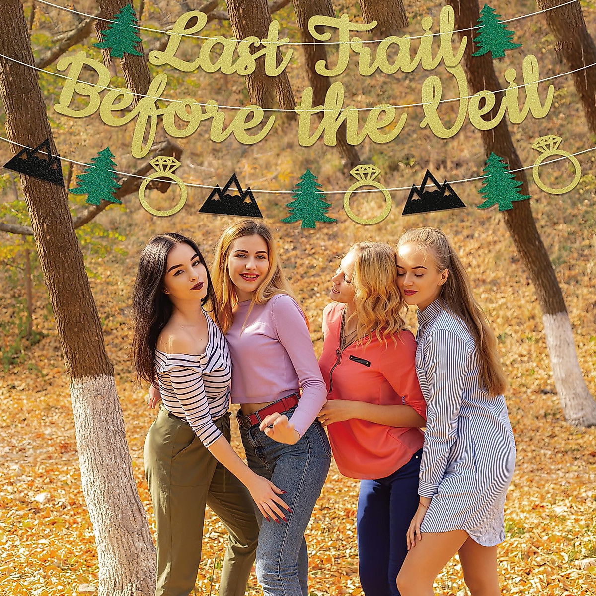 Last Trail Before The Veil Banner - Camping Bachelorette Party Decorations,Wild in The Woods， Camp Bachelorette Party Bridal Shower Party Decorations Gold Glitter