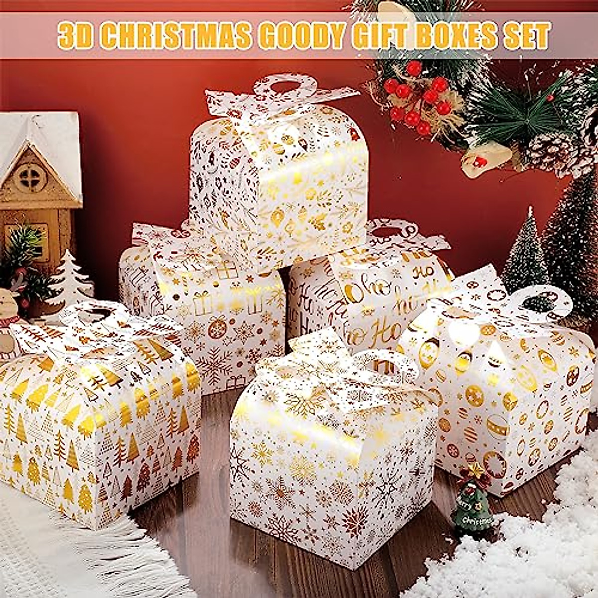 Fulmoon 24 Pcs Christmas Gift Boxes Metallic Christmas Treat 3D Xmas Goody Candy Cookie with Bow Paper Goodie Gift Wrapping Boxes for Holiday Party Favor Supplies(Gold)