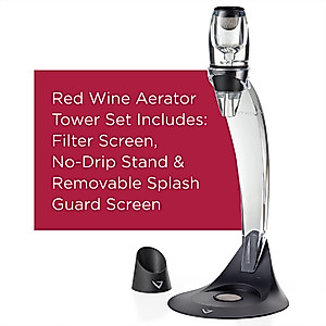 Vinturi Deluxe Essential Red Wine Pourer and Decanter Tower Stand Set Easily and Conveniently Aerates by The Bottle or Glass and Enhances Flavors with Smoother Finish, Black