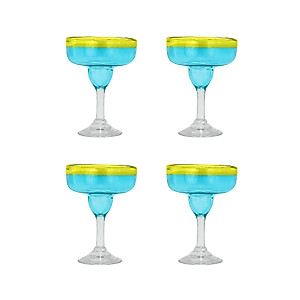 Amici Home Acapulco Collection, Authentic Mexican Handmade Margarita Glasses, Bar Glassware for Cocktails & Other Beverages, Blue Glass, Yellow Rimmed, made in Mexico 15-Ounces, Set of 4