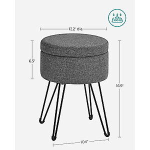 SONGMICS Vanity Stool Chair, Small Ottoman Stool with Storage, Vanity Chair, 12.2 Dia. x 16.9 Inches, 4 Metal Legs, for Makeup Room, for Living Room, Bedroom, Dark Gray ULOM002G01