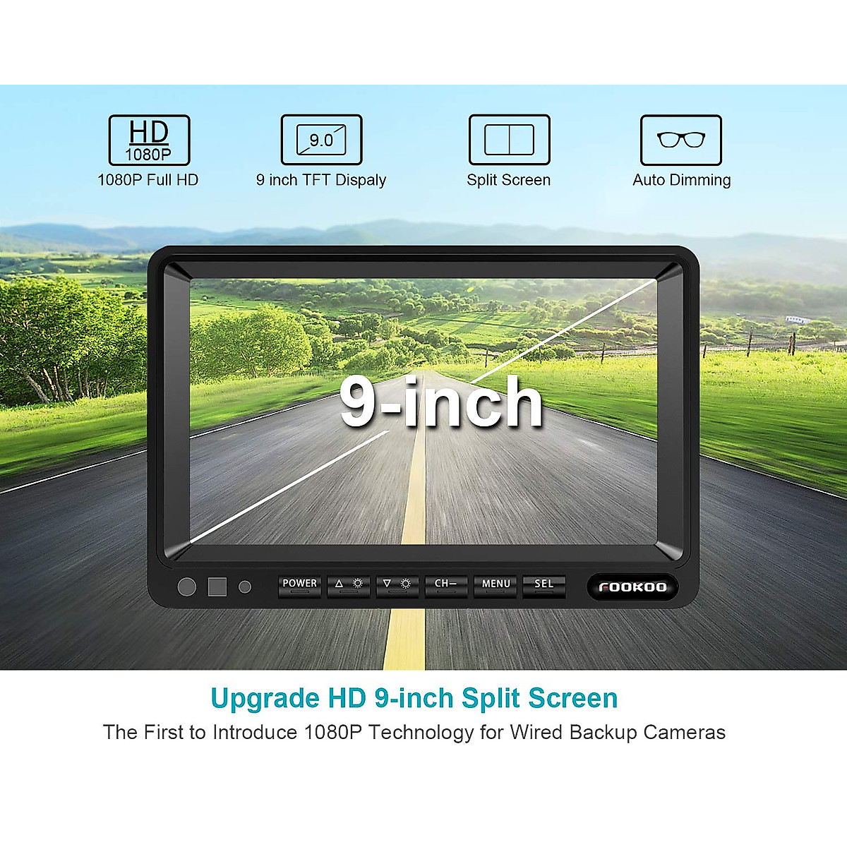 Fookoo Ⅱ HD 1080P 9" Wired Backup Camera System, 9-inch DVR Dual Split Screen Monitor, IP69 Waterproof Rear View Camera for Truck/Trailer/Box Truck/RV, Loop Record, Parking Lines (DY912)