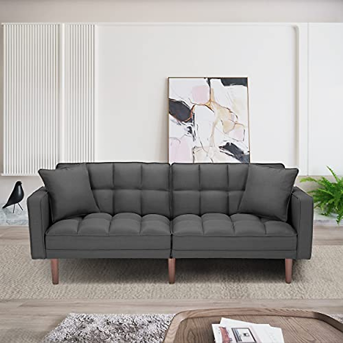 POCIYIHOME Futon Sleeper Sofa Adjustable Back and 2 Pillows, Upholstered Indoor Chaise with Conical Wood Legs, 2-Seater Recliner for Living, Bedroom,Office,Waiting Room, Polyester, Dark Gray