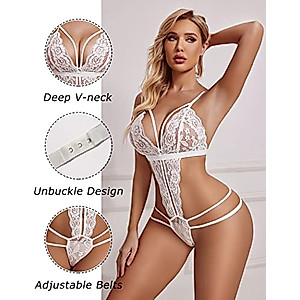 Avidlove Lingerie for Women Deep V Lingerie Teddy One Piece White Small