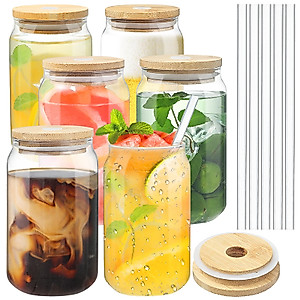 Yephets Drinking Glasses (16oz) with Bamboo Lids and Plastic Straw, Pack of 6 Heat Resistant Wide Mouth Juice Drinking Glasses Cups for Cold Beverages & Warm Drinks