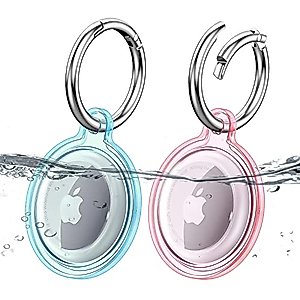 2 Pack IPX8 Waterproof AirTag Keychain Holder Case, Lightweight, Anti-Scratch, Easy Installation,Soft Full-Body Shockproof Air Tag Holder for Luggage,Keys, Dog Collar (Pink+Blue)