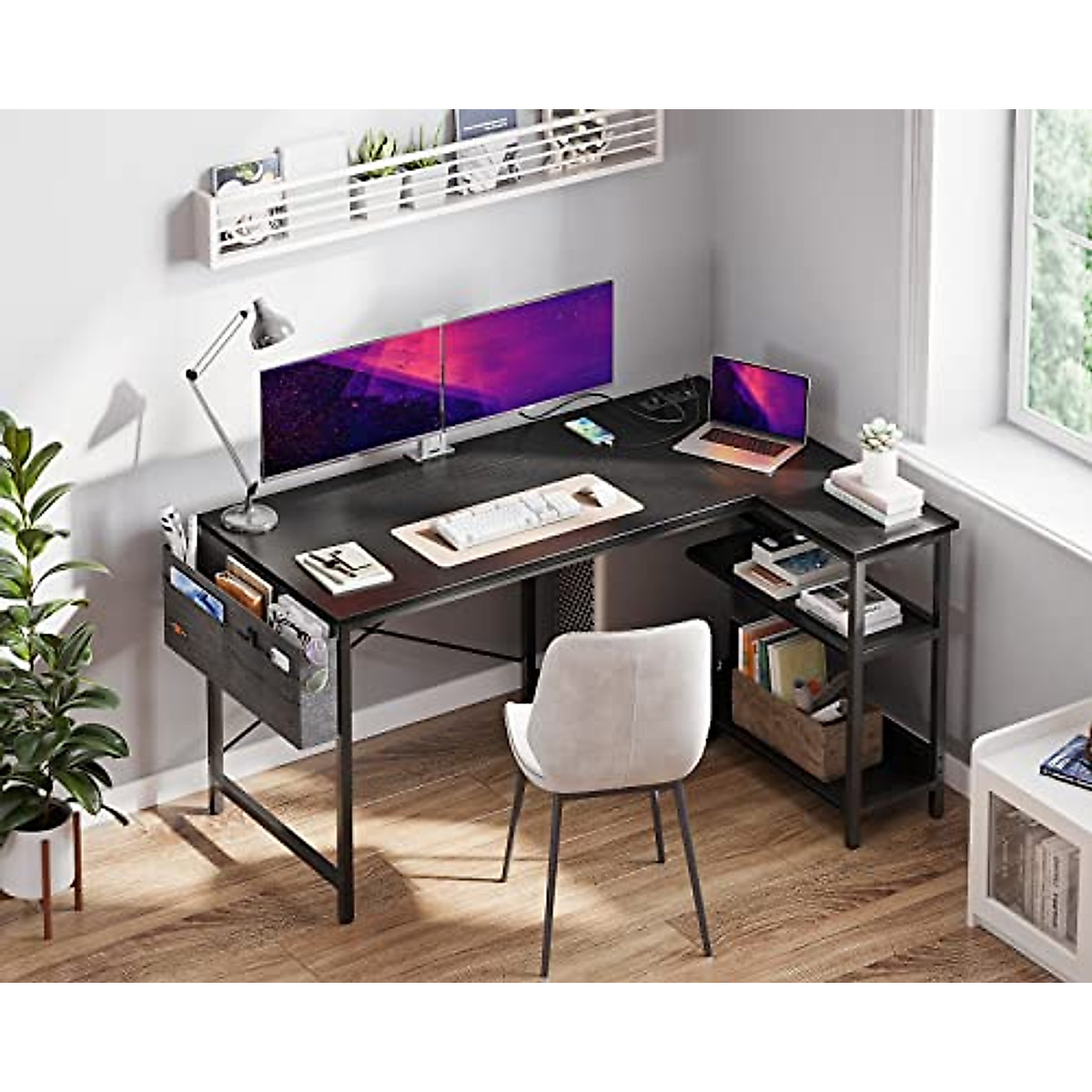 ODK 48 Inch Small L Shaped Gaming Computer Desk with Power Outlets, Reversible Storage Shelves & PC Stand for Home Office, Simple Writing Study Table with Storage Bag for Small Space, Black
