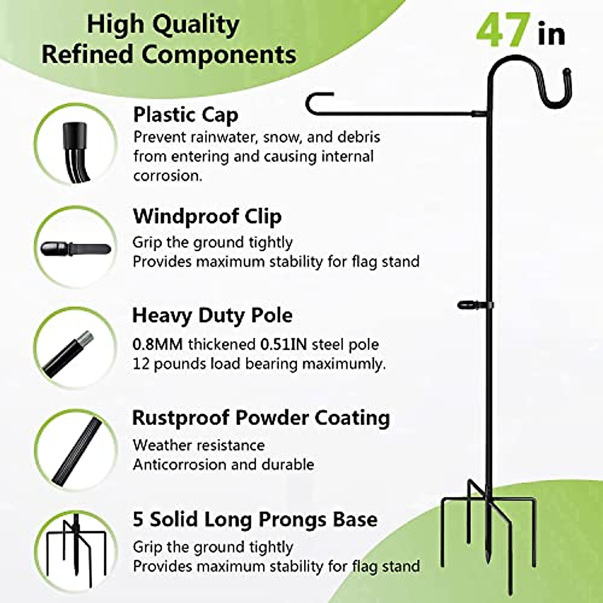 2 Pack Garden Flag Holder Stand with Shepherd Hooks, 47 inches Yard Garden Flag Holder with Anti-Wind Clip, Shepherd Hooks with Flag Holder Yard Flag Pole Holder for Flag, Yard Lights, Plants