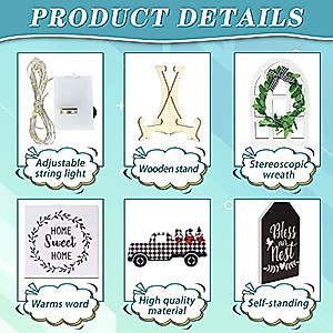 13 PCS Tiered Tray Decor Set, Farmhouse Tray Decor with LED String Lights Beads Garland, Blessed Home Sweet Wooden Sign for Home Kitchen Decor