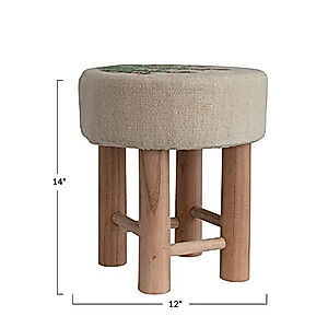 Creative Co-Op Boho Cotton Upholstered Floral Embroidery and Oak Wood Legs, Multicolor Stool, Ivory