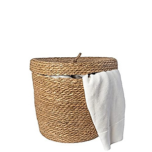 Handcrafted basket with lid. Decorative Baskets for storage. Natural rope basket with lid. Woven Seagrass baskets for blanket. Lidded Basket design. Round decorative basket. (Small)