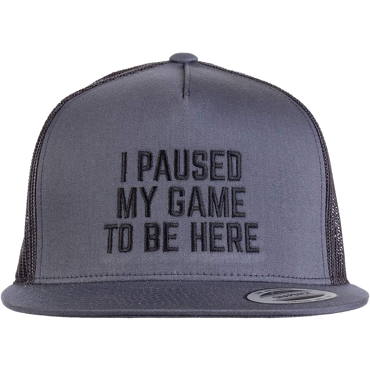 Ann Arbor T-shirt Co. I Paused My Game to Be Here | Funny Video Gamer Humor Joke for Men Women Hat Cap-(Trucker, 2 Tone) Grey/Black