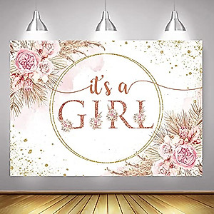 Mocsicka Boho Baby Shower Backdrop for Girl It's a Girl Pink Flowers Baby Shower Photography Background Boho Baby Shower Decorations Bohemian Baby Shower Banner (7x5ft(82x60 inch))