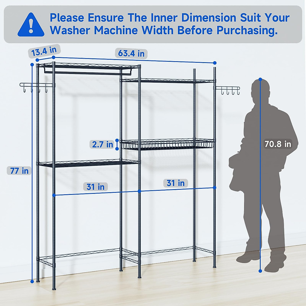 Over the Washer and Dryer Storage Shelf, Height Adjustable Laundry Room Organization Shelf, Clothes Drying Rack for Laundry Room Organization and Storage with Wire Basket, Hanging Rods and Side Hooks