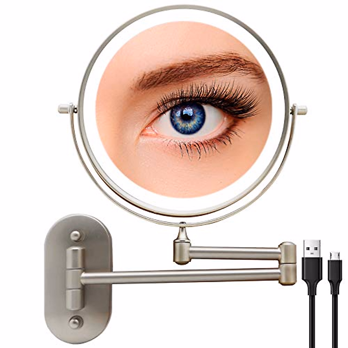 Rechargeable Lighted Makeup Mirror Wall Mount, Extendable Double Side Vanity Mirror with 10X Magnification 3 Color Lights 8 Inch Bathroom Mirror Nickel