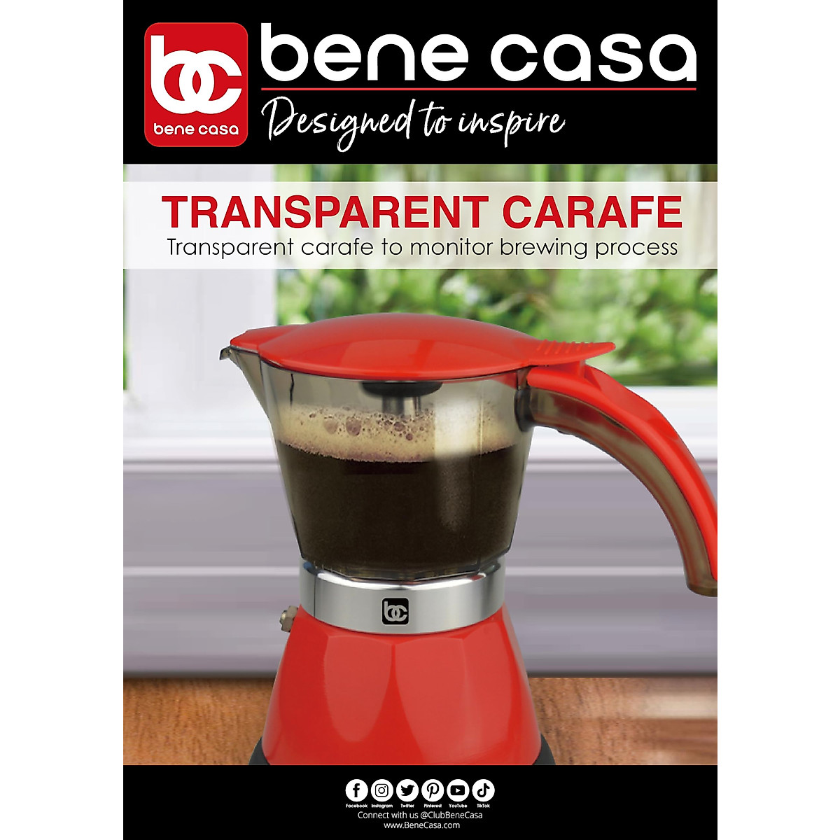 Bene Casa - Electric Espresso Maker 1-3 Cup Red, Cafetera Electrica Roja de 3 Tasa Model BC-95514.