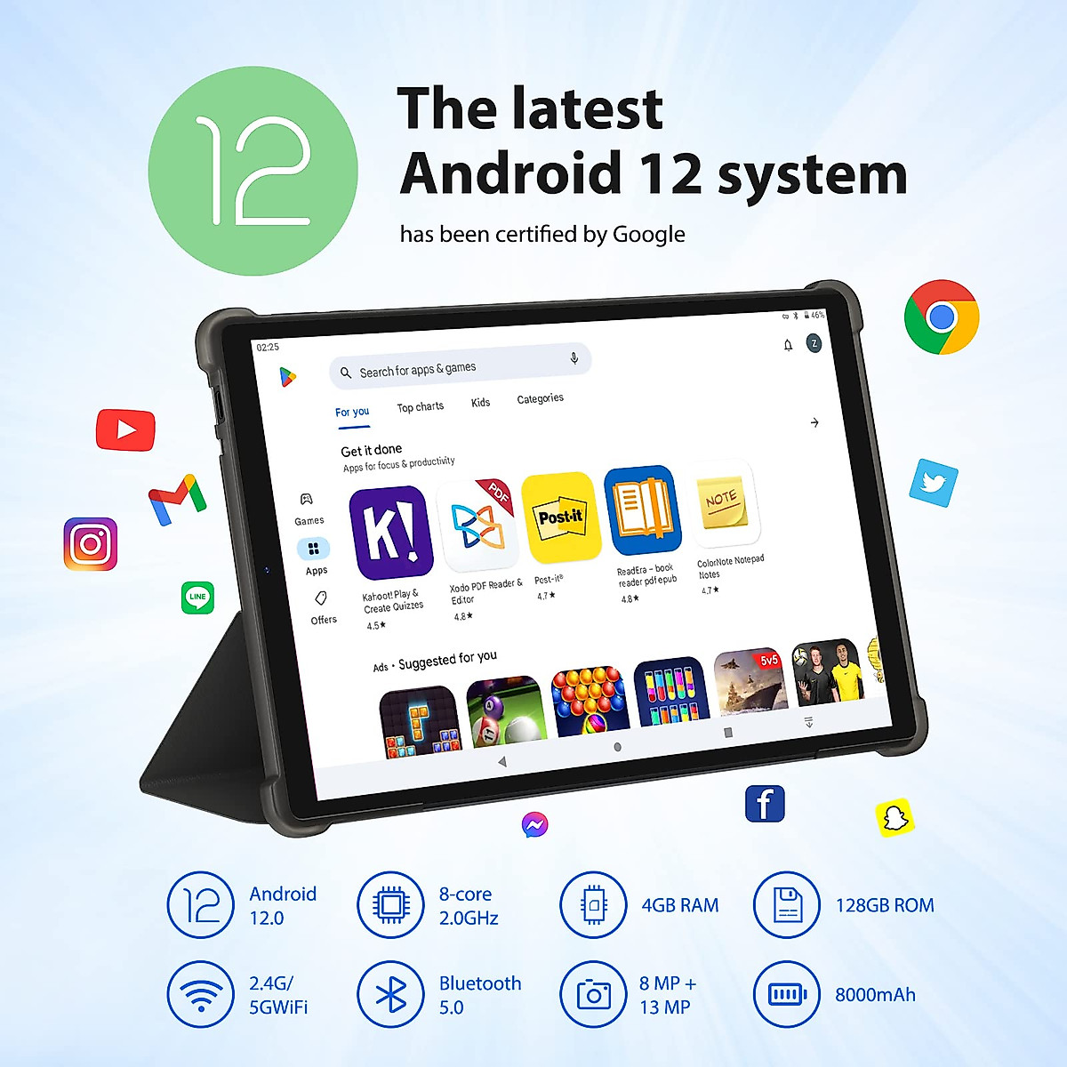 POWMUS Android 12 Tablet 10.4 inch Tablets 128GB Storage 1TB Expand 5G WiFi Octa Core 2.0GHz Processor, InCell FHD IPS, 8000mAh 13MP Camera Bluetooth 5.0 GPS Android Tableta-Black