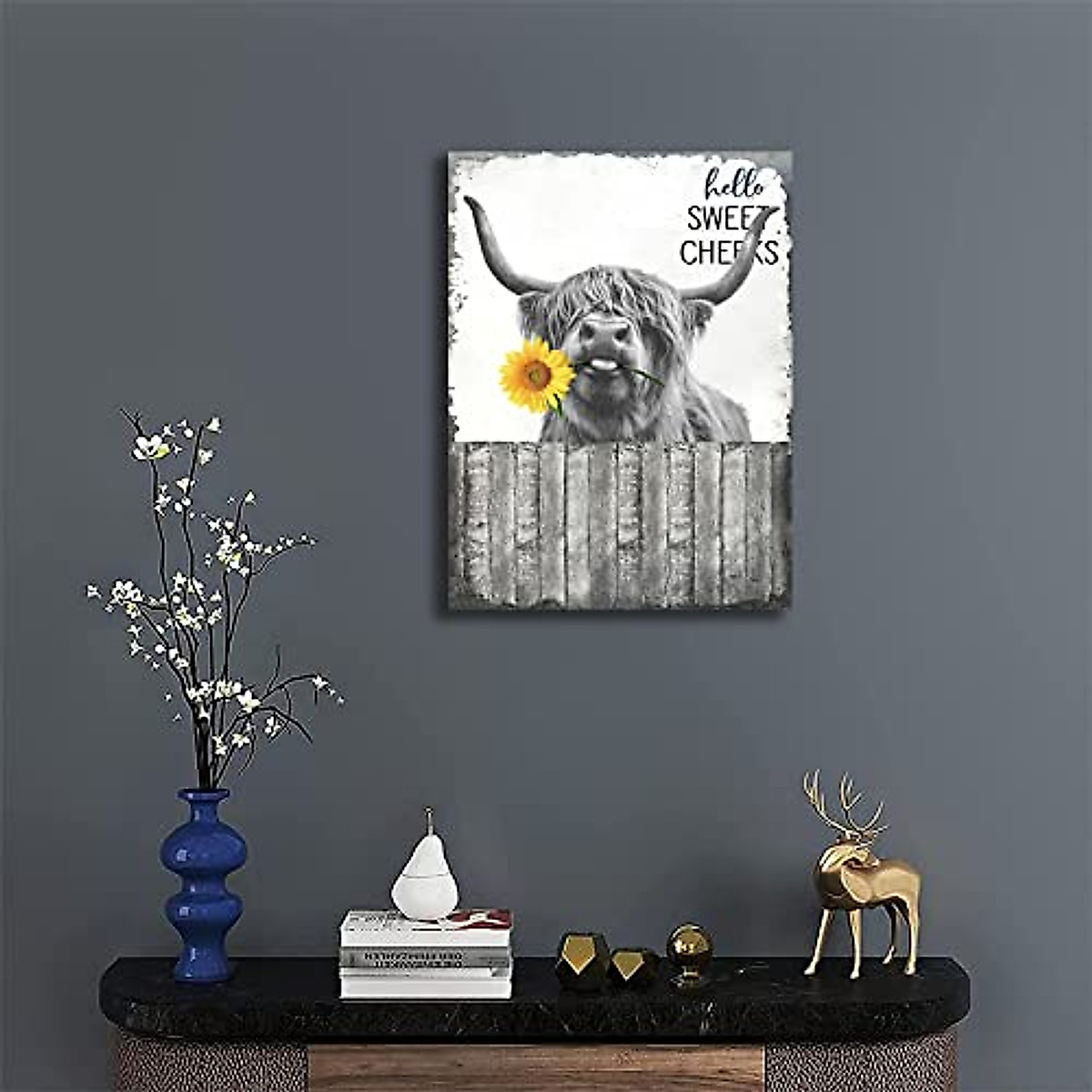 Bathroom Wall Art Highland Cow Farmhouse Bathroom Decor Sunflower Funny Bathroom Poster Rustic Canvas Print Painting Black and White Animal Pictures for Toilet Modern Home Framed Artwork 12"x16"