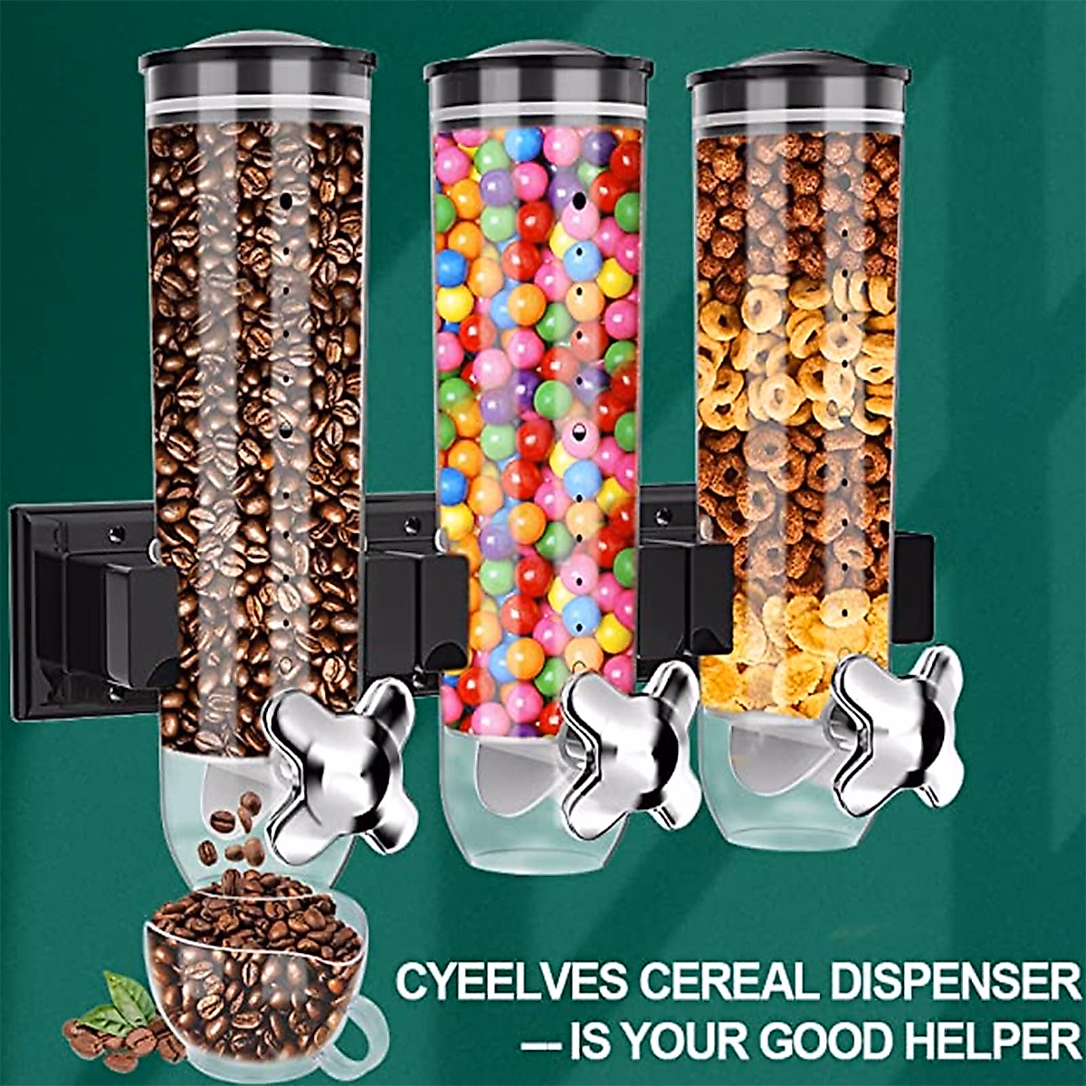 Cereal Dispenser Wall Mounted, Triple Dry Food Dispensers, Grain Dispenser Wall Mount Candy Dispenser, Snack Dispenser for Store Oatmeal Coffee Bean Nuts, Wall Kitchen Food Container with 3 Cups, 4.5L