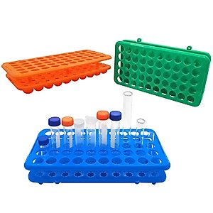 Saricho 50-Well Test Tube Rack for 5ml/10ml/15ml Tubes, Plastic Test Tube Holder with silicome pad,Pack of 3pcs(Blue Green Orange)