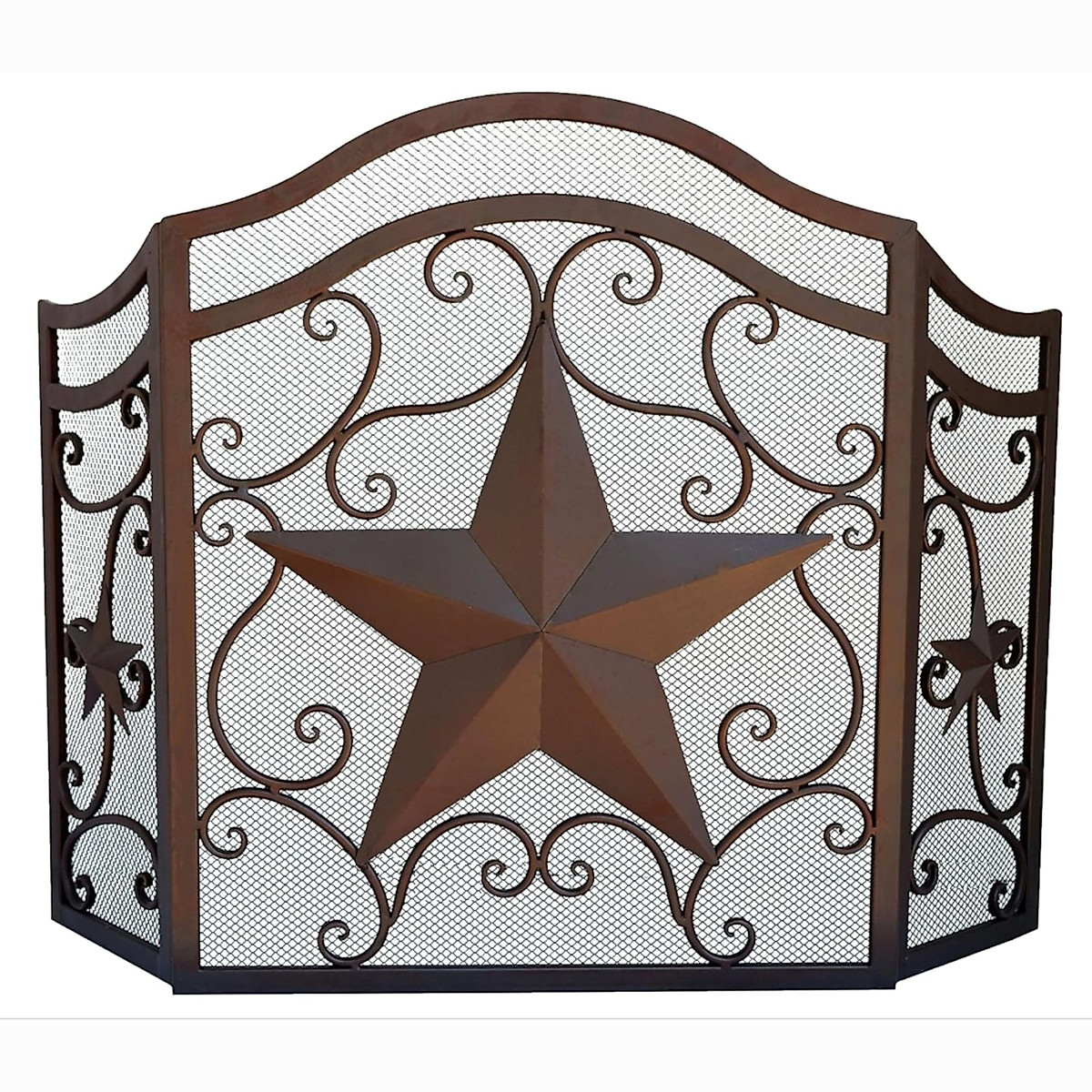 BestGiftEver 3-Panel Fireplace Screen Decorative with Stars & Scrolls Detail - Stand Alone Fireplace Cover Metal Mesh Screen - Home Decor for Cabin, Lodge, and Rustic Country Style Firescreen