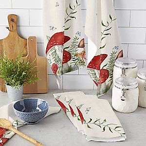 Retro Mushroom Kitchen Towels,Absorbent Microfiber Kitchen Dish Hand Tea Bath Towel,Boho Butter-fly Botanical Floral Wildflowers Green Leaves Aesthetic Quick Dry Dishclothes Decorative Sets,1-PC