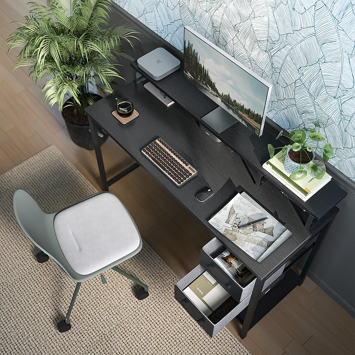 CubiCubi Computer Desk with Drawers, 47 Inch Reversible Office Desk with Monitor Stand and Storage Shelves, Work Writing Study Desk Table for Home, Black