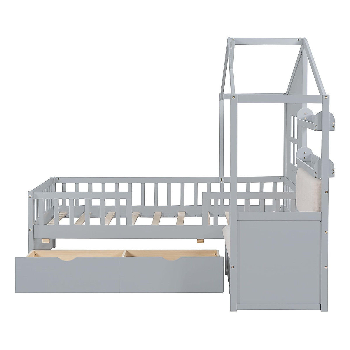 Bellemave Twin Size House Bed with Sofa, Kids Twin Platform Bed with Two Drawers and Storage Shelf, for Girls Boys - Gray