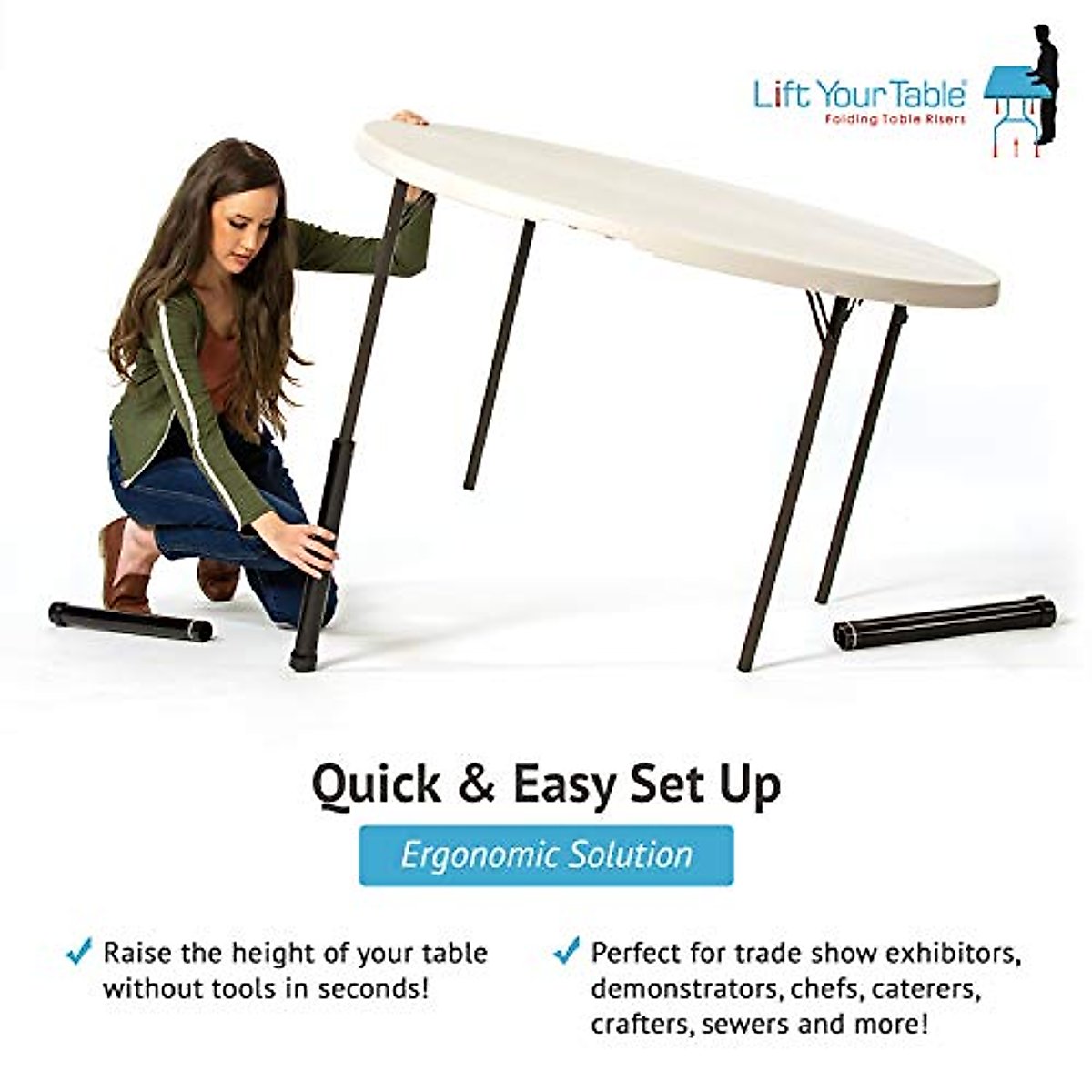 Lift Your Table® Folding Table Risers, Easy-to-Use Straight Leg Folding Table Extensions, Counter Height, Raises Folding Tables 8” Inches. Durable, Sturdy. Set of 4, Black, Made in The USA