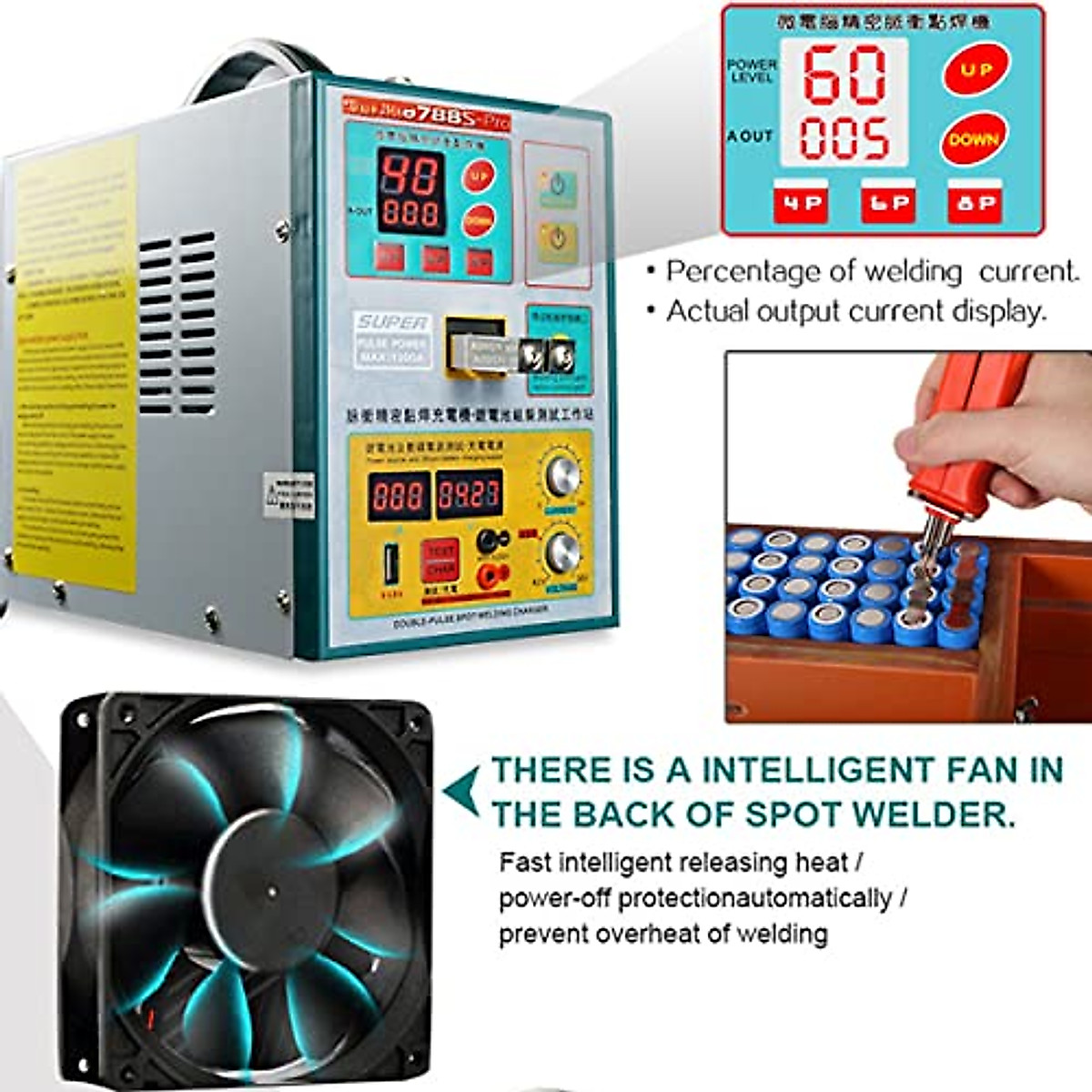 RCBDBSM 3.2KW Battery Spot Welder, Pulse Welding Machine for 4 Rows of 18650 14500 Lithium Batteries Battery Pack Work, with Cooling System and Charging Testing Function