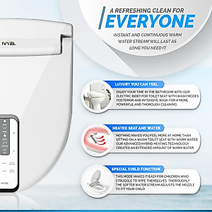 Ivyel GL-3 REM Smart Electric Bidet for Toilet Seat with Remote,For Round Toilets,Stainless Steel Self Cleaning Nozzle,Heated bidet Toilet Seat with Warm Water,Air Dryer,Intensive Wash