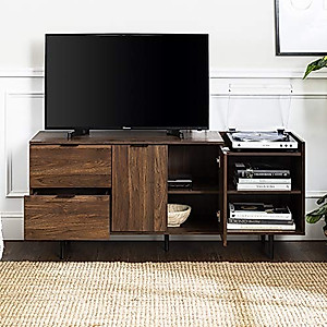 Walker Edison Modern Wood TV Stand with Cabinet Doors and Drawers for TV's up to 65" Flat Screen Universal TV Console Living Room Storage Shelves Entertainment Center, 58 Inch, Dark Walnut