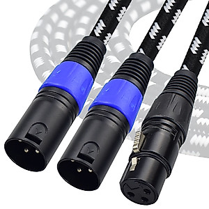 Mugteeve XLR Y Splitter 1 Female to 2 Male, 5 Feet Microphone XLR Breakout Cable Balanced Left and Right Dual Male to Single Female, Nylon Braided Heavy Duty, Noise Free, for Mixer/Speaker/MIC