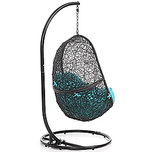 Zuri Furniture Modern Reef Black Basket Swing Chair Teal Cushion with Stand