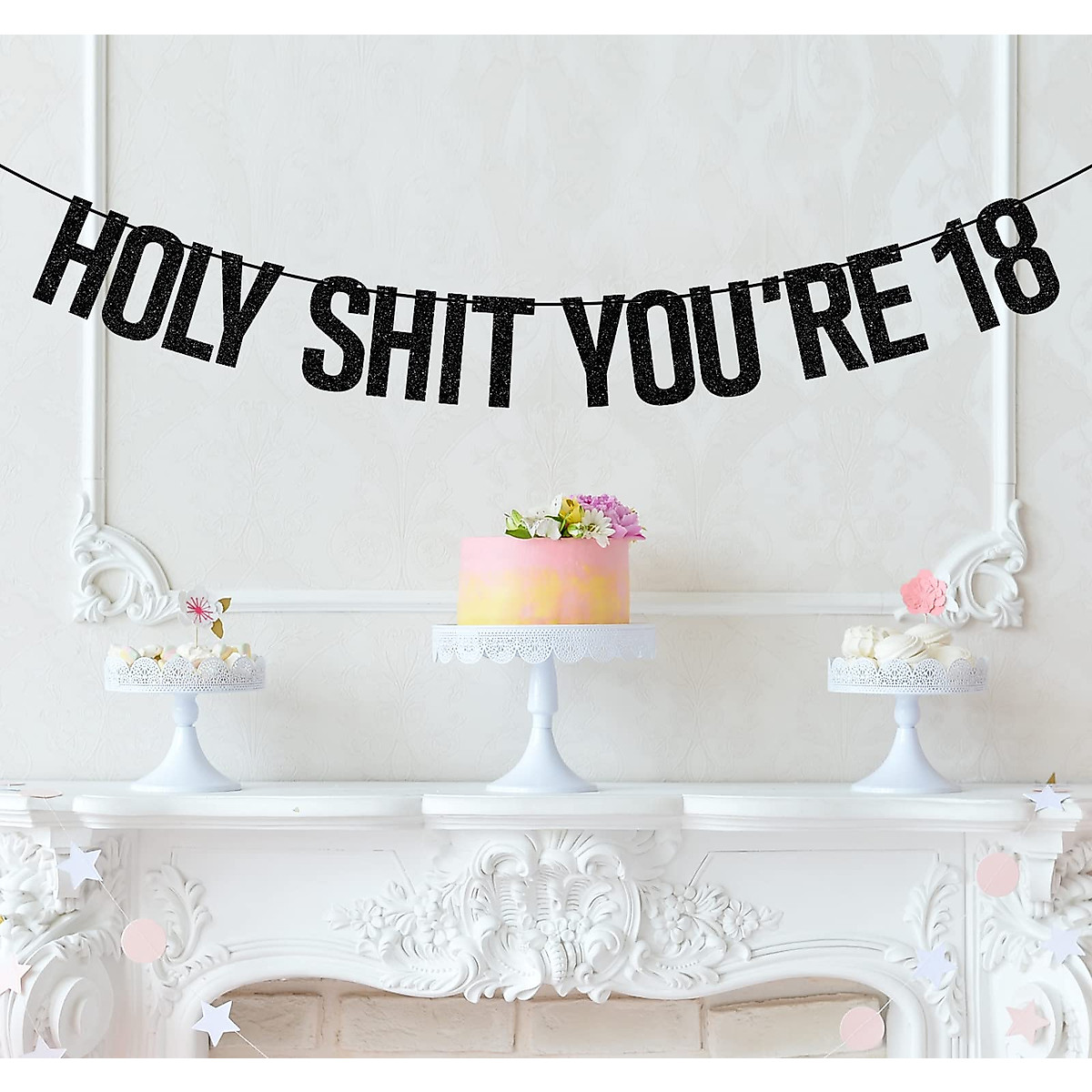 Black Glitter Holy Shit You're 18 Banner, Time to Adult, Cheers to 18 Years, Happy 18th Birthday Anniversary Birthday Party Decorations