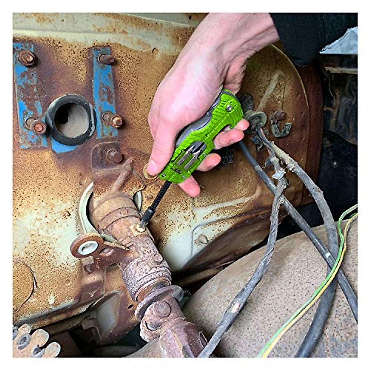 OEMTOOLS 25541 Cut and Drive Multi Tool, Drop Point Knife, Screwdriver, Bit Set, Ruler, and Bottle Opener, EDC, Contractor, HVAC Tool, Green and Black